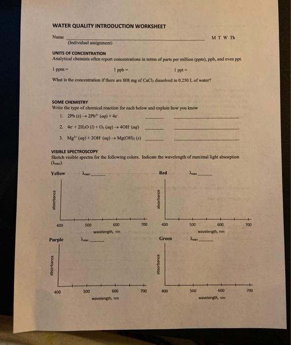 Solved WATER QUALITY INTRODUCTION WORKSHEET Name MTW Th | Chegg.com