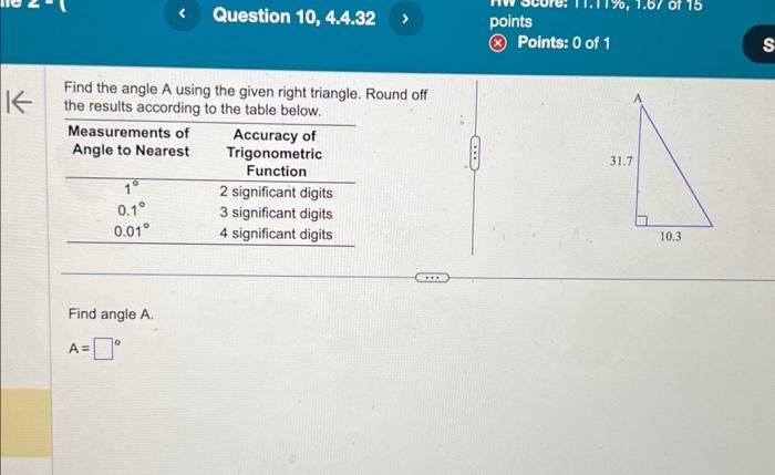 Solved Find the angle A using the given right triangle. | Chegg.com