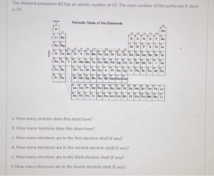 Solved The element potassium (K) has an atomic number of 19. | Chegg.com