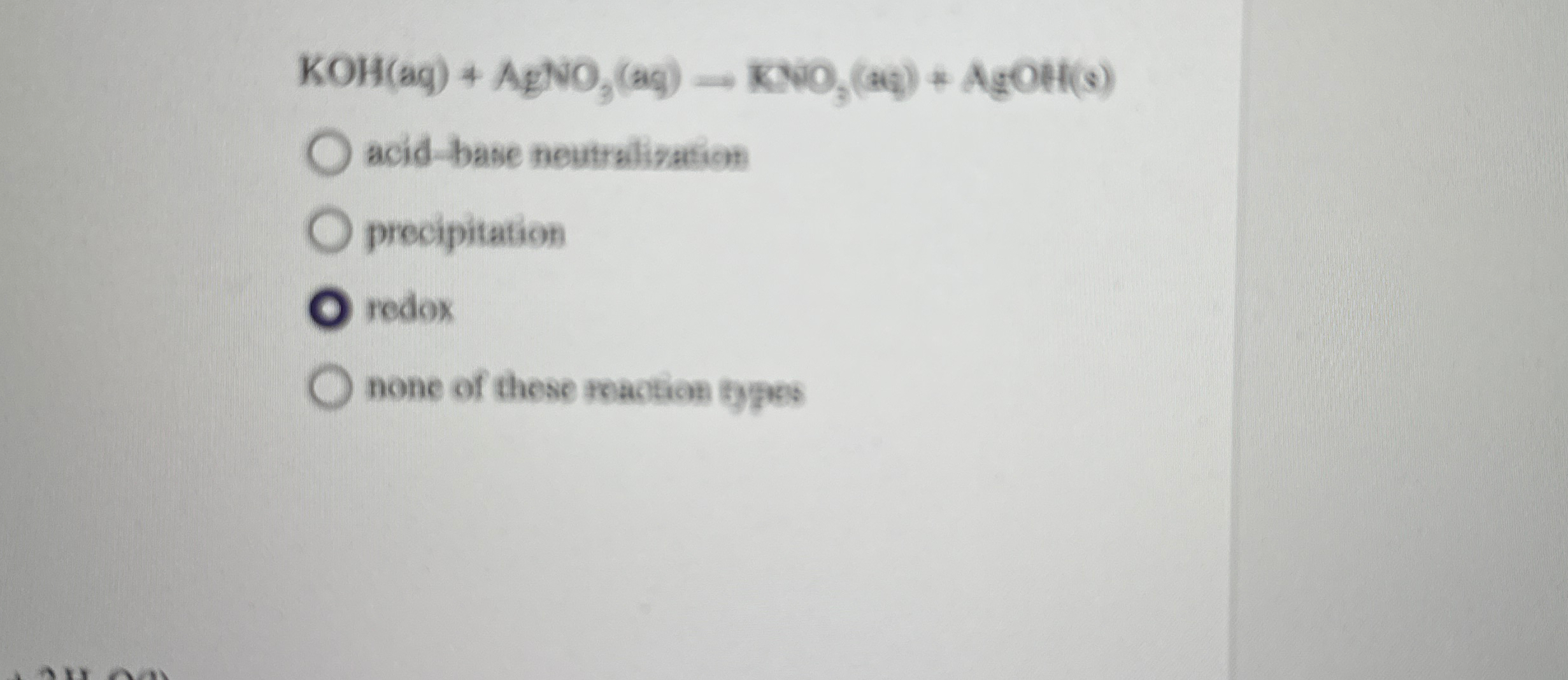 Solved KOH(aq)+AgNO3(aq)=KNO3(aq)+AgOH(s)acid-base | Chegg.com