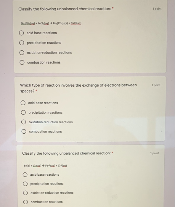 Solved Classify the following unbalanced chemical reaction: | Chegg.com