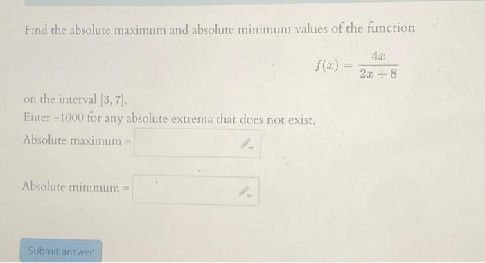 Solved Find the absolute maximum and absolute minimum values | Chegg.com