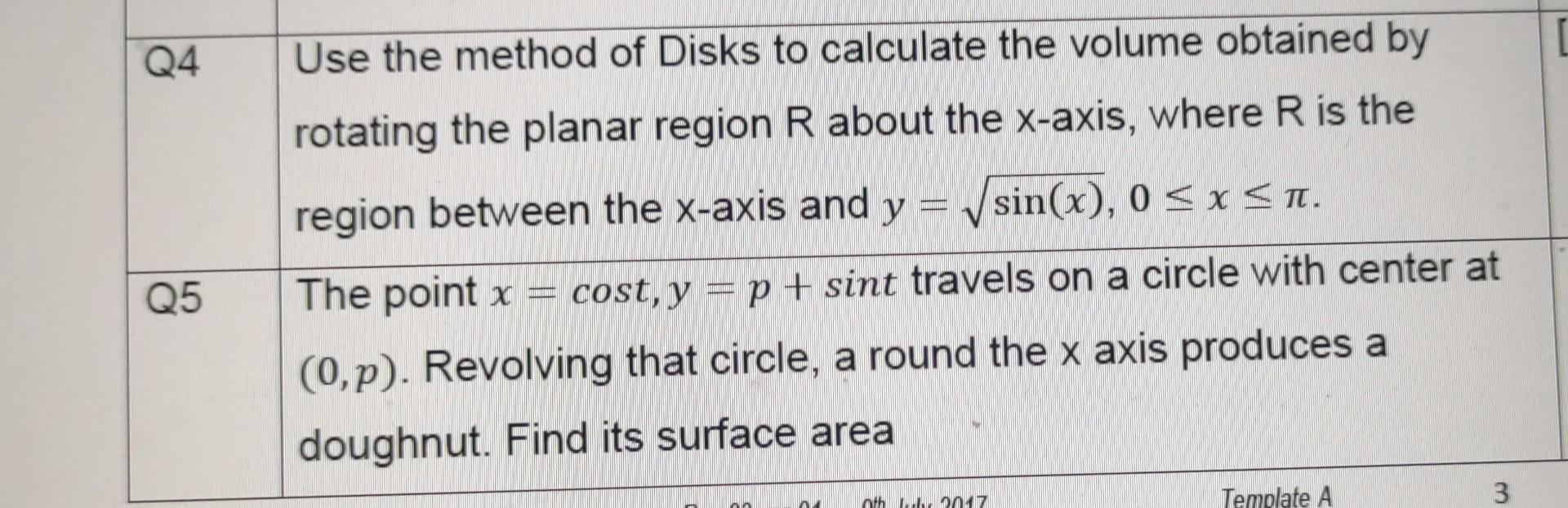 Solved Q4 Use the method of Disks to calculate the volume | Chegg.com