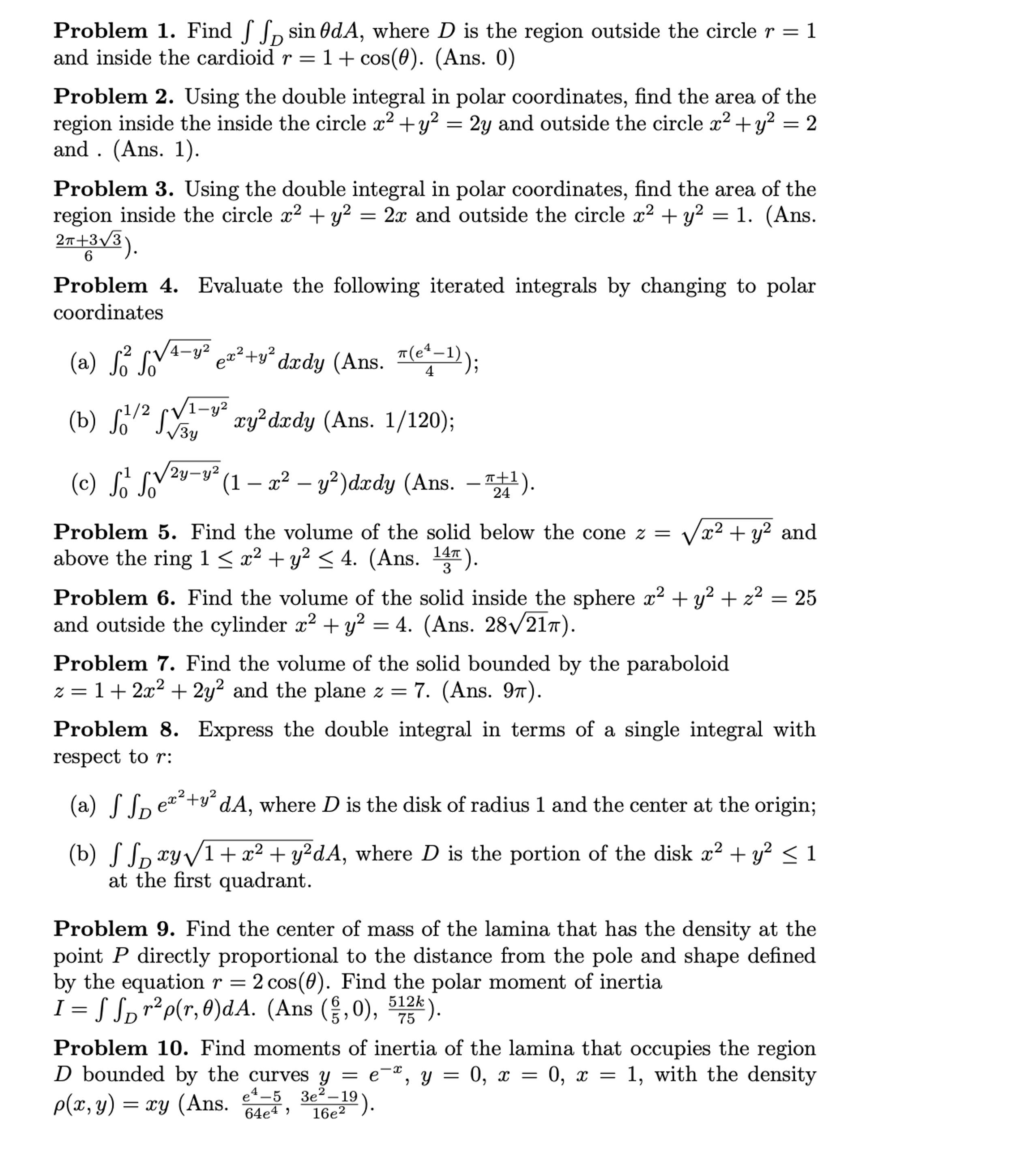Solved Problem 1. ﻿Find ∬DsinθdA, ﻿where D ﻿is the region | Chegg.com