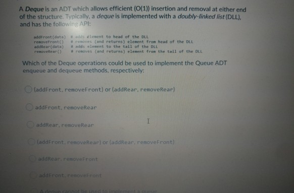 Solved A Deque is an ADT which allows efficient ((1)) | Chegg.com