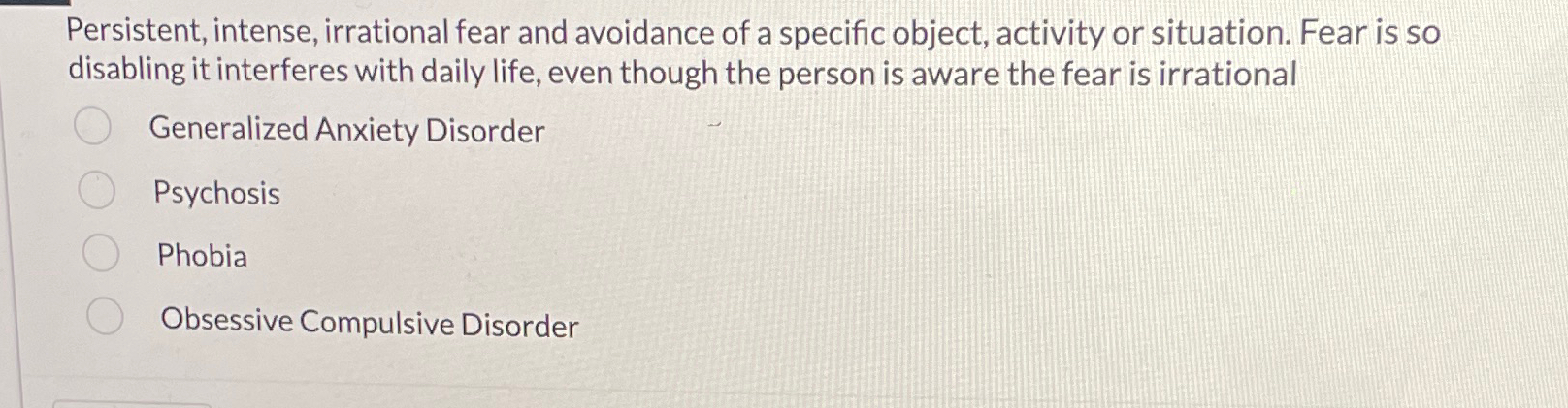 Solved Persistent, intense, irrational fear and avoidance of | Chegg.com