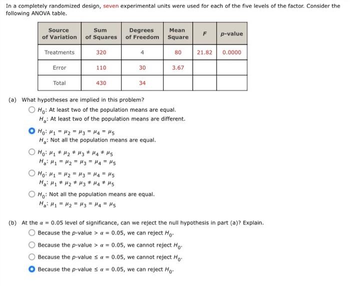 Solved In a completely randomized design, seven experimental | Chegg.com