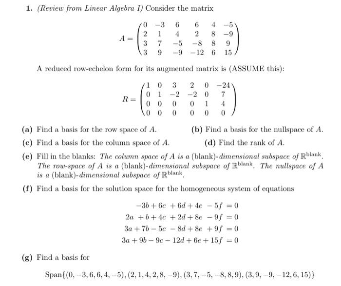 Solved 1. (Review from Linear Algebra I) Consider the matrix | Chegg.com