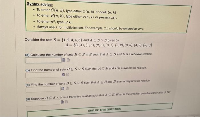 Solved Syntax advice: - To enter \\( C(n, k) \\), type | Chegg.com
