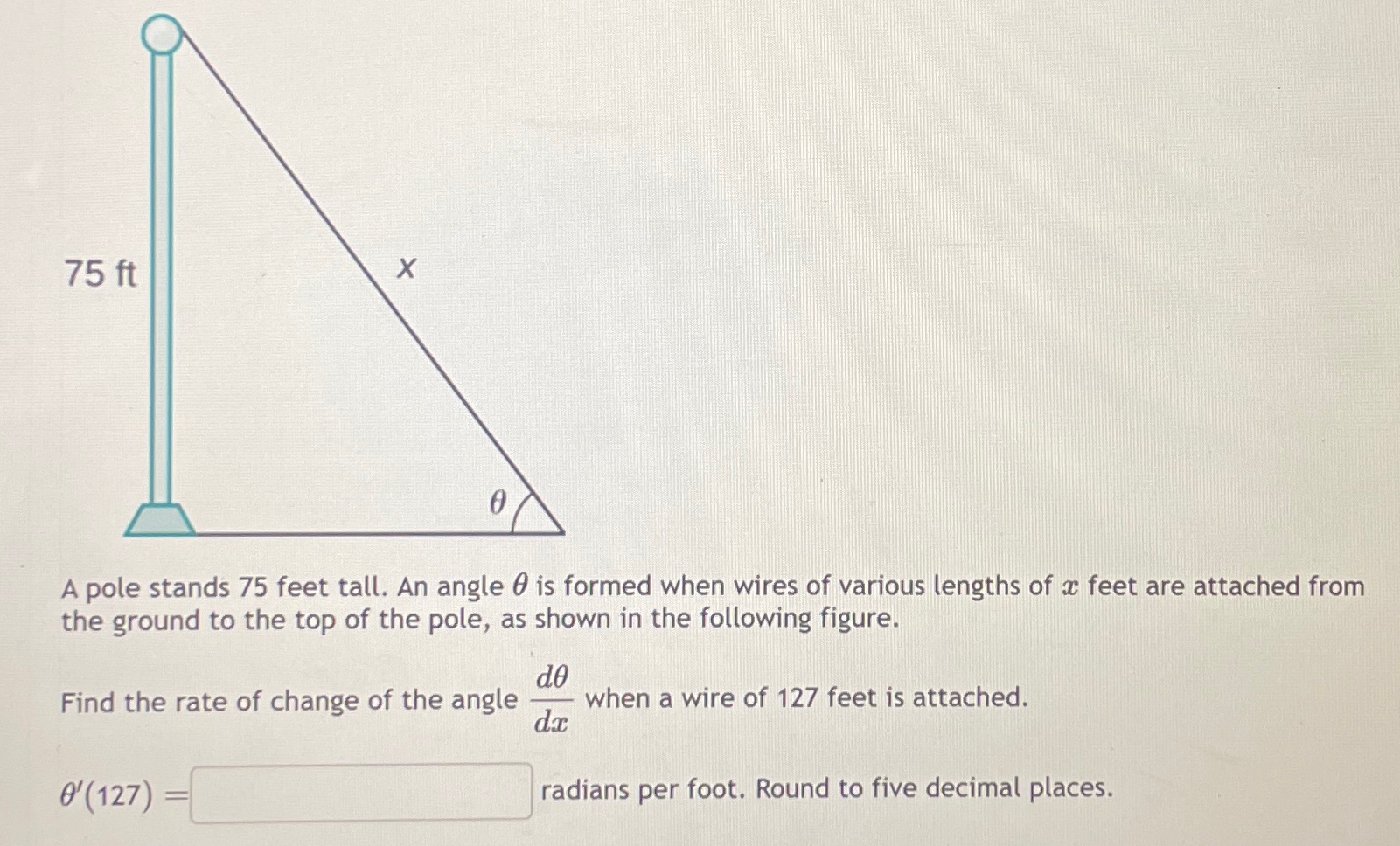Solved A pole stands 75 ﻿feet tall. An angle θ ﻿is formed | Chegg.com