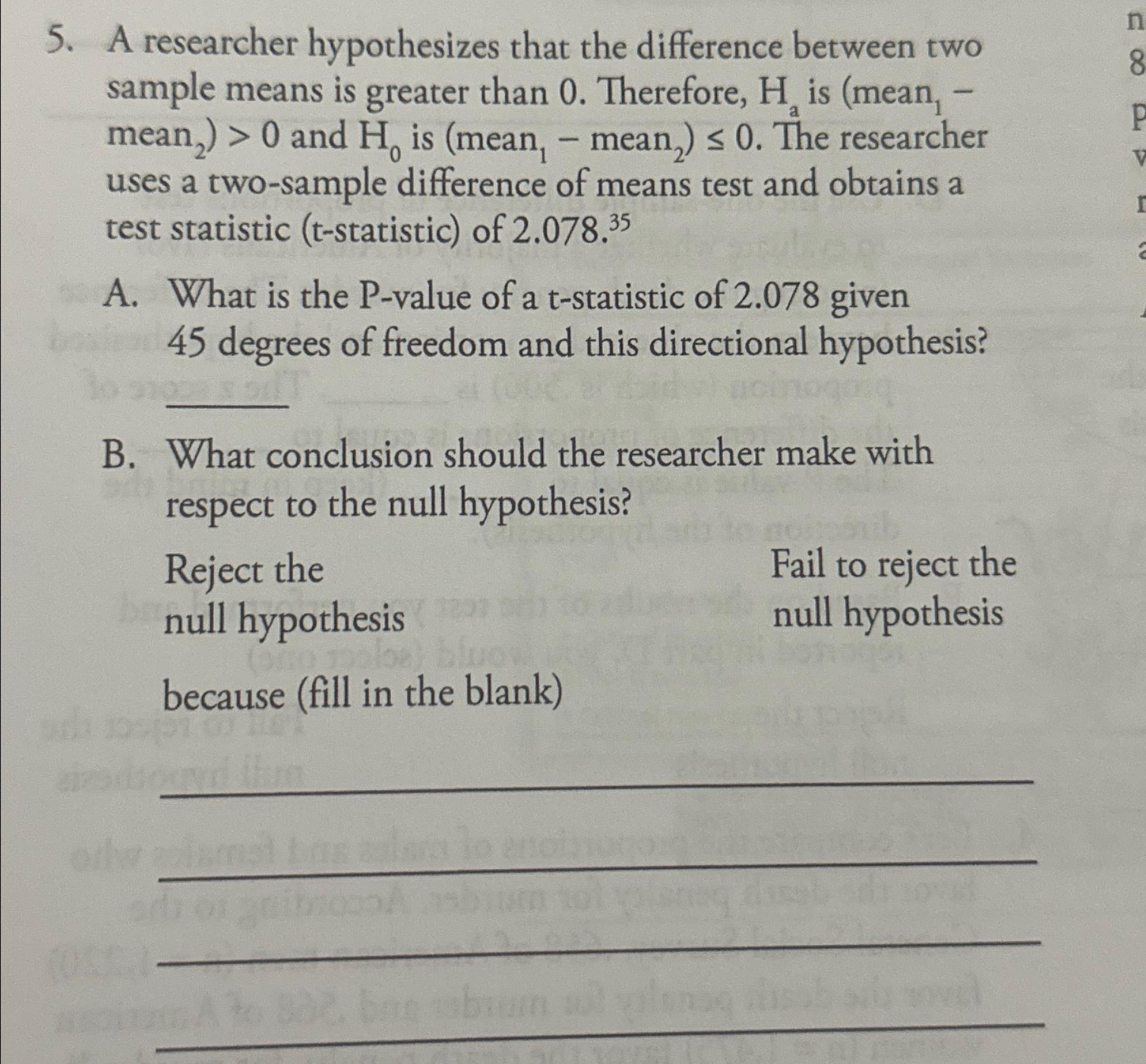 Solved A researcher hypothesizes that the difference between | Chegg.com