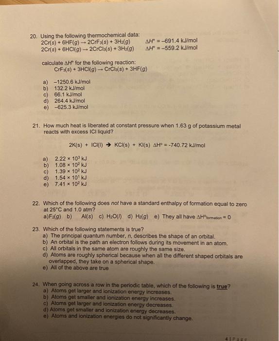 Solved 20. Using the following thermochemical data: | Chegg.com