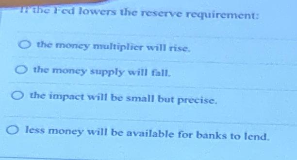 Solved Hothe Fed lowers the reserve requirement:the money | Chegg.com