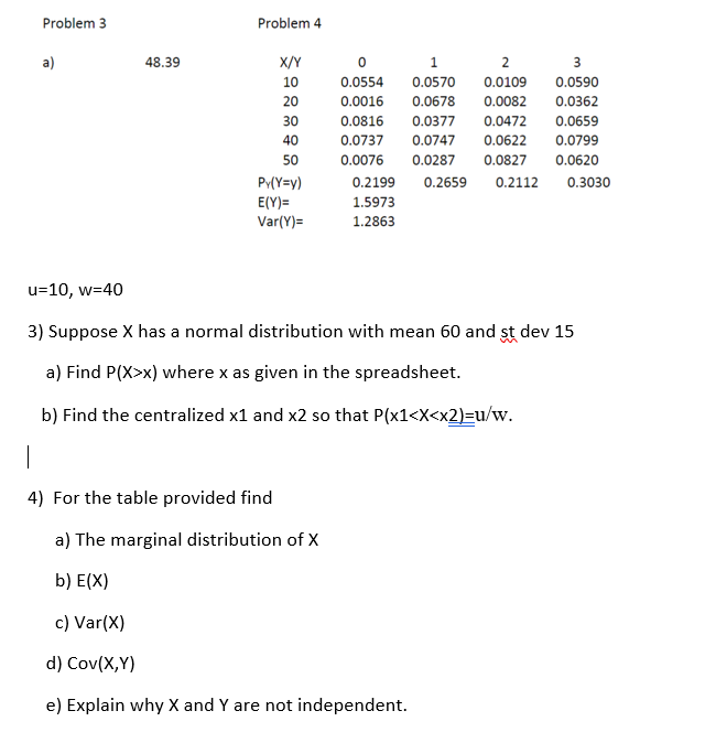 Solved Problem 3Problem 4a)u=10,w=40Suppose x ﻿has a normal | Chegg.com