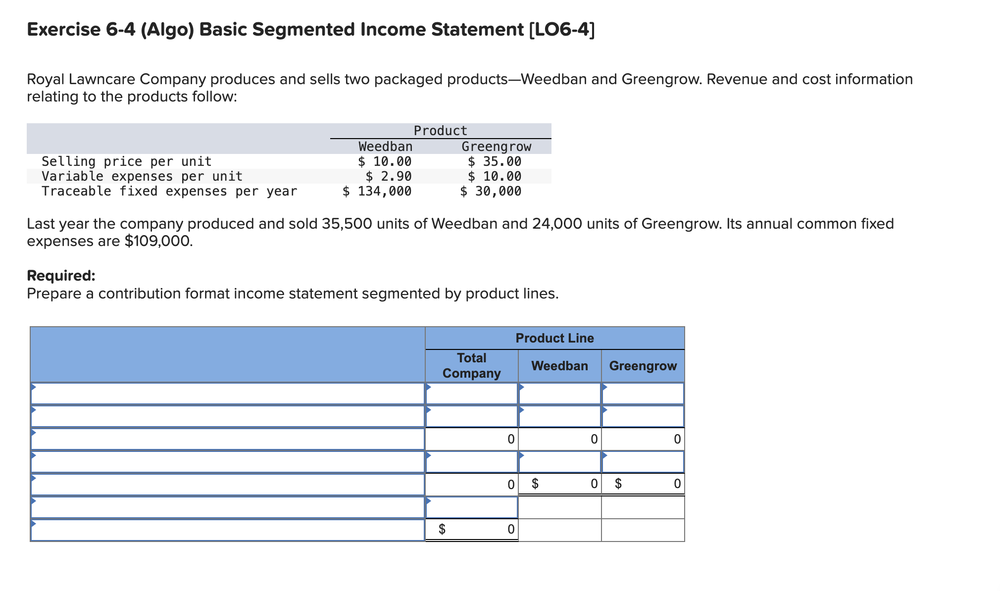 Solved Exercise 6-4 (Algo) ﻿Basic Segmented Income Statement | Chegg.com