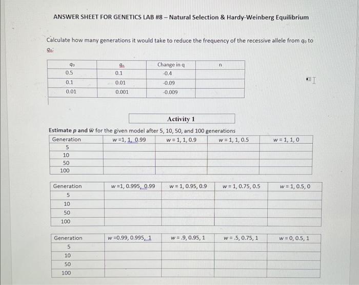 ANSWER SHEET FOR GENETICS LAB #8 - Natural Selection | Chegg.com