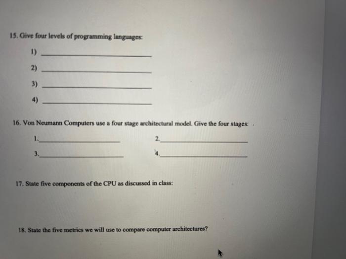 Solved 15. Give four levels of programming languages: 1) 2) | Chegg.com