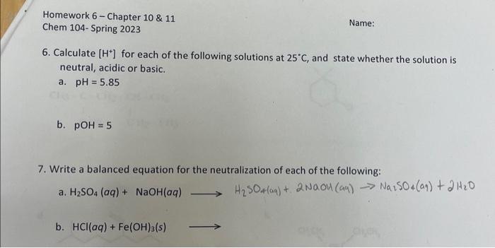 Solved 6. Calculate [H+]for each of the following solutions | Chegg.com