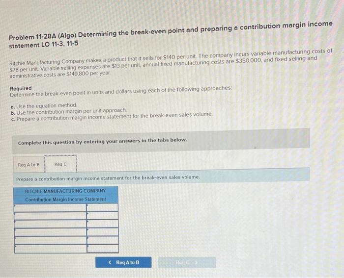 Solved Problem 11-28A (Algo) Determining the break-even | Chegg.com