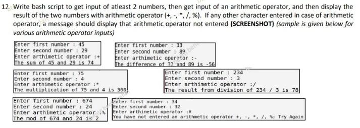 Solved Enter arthimetic opera 12 Write bash script to get | Chegg.com