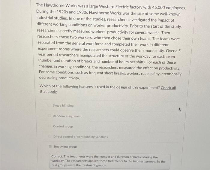 Solved The Hawthorne Works was a large Western Electric | Chegg.com