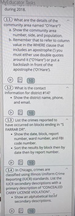 Solved MyEducator Tasks during 2018. (1.1) What are the | Chegg.com