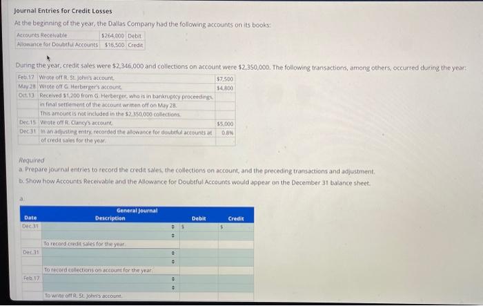 Solved Journal Entries for Credit Losses At the beginning of | Chegg.com