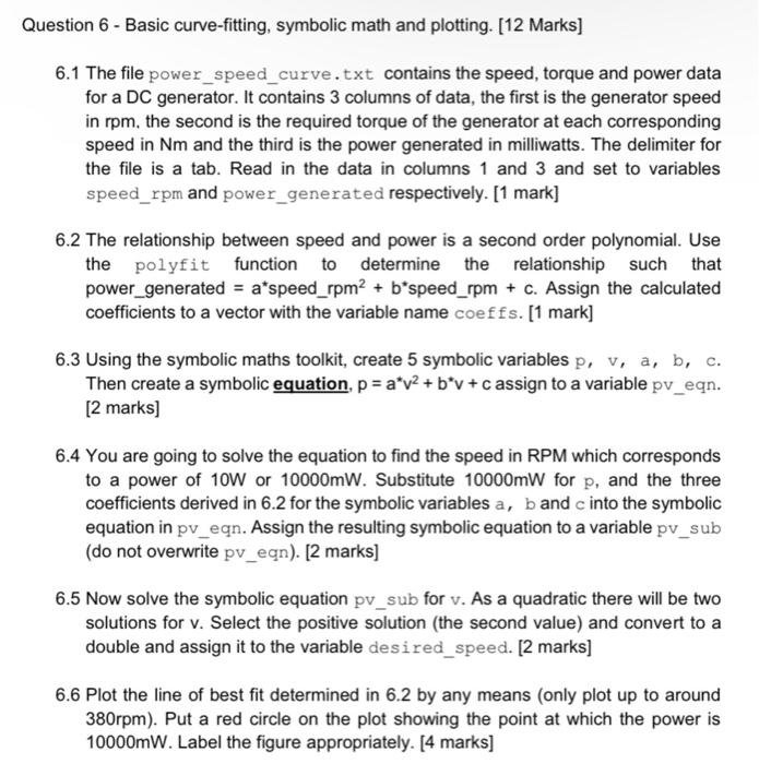 Solved Question 6 - Basic curve-fitting, symbolic math and | Chegg.com