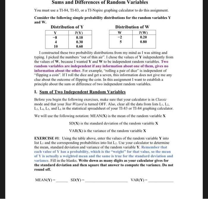 Sums and Differences of Random Variables You must use | Chegg.com
