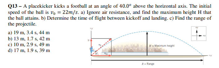 Solved Q13 - ﻿A placekicker kicks a football at an angle of | Chegg.com