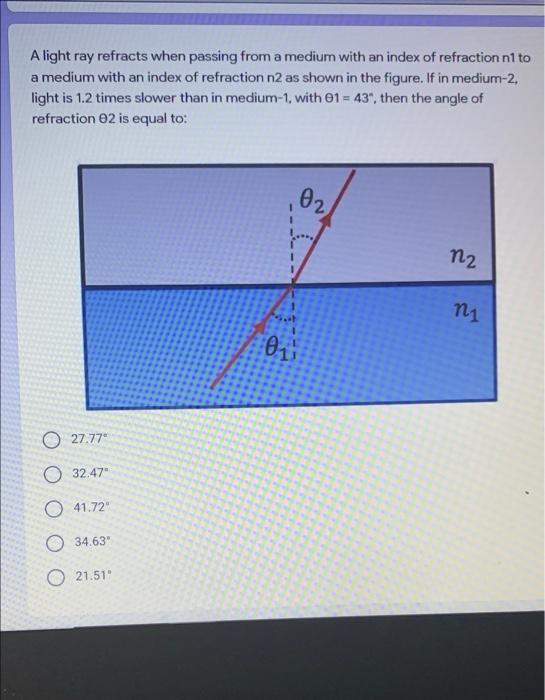 Solved A light ray refracts when passing from a medium with | Chegg.com