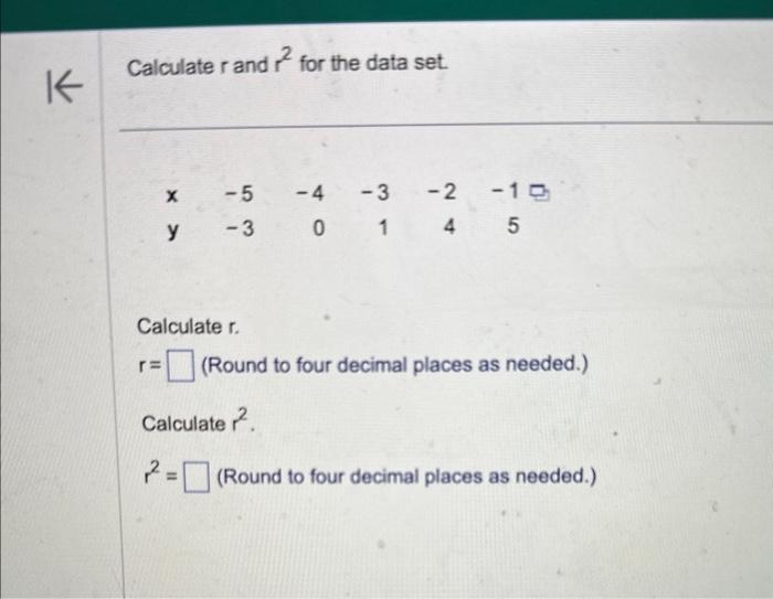 Solved Calculate r and r2 for the data set. | Chegg.com