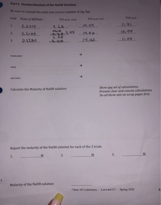 Solved Part 1: Standardization of the NaOH Solution Be sure | Chegg.com