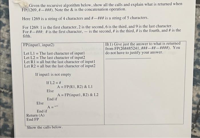 Solved Given the recursive algorithm below, show all the | Chegg.com