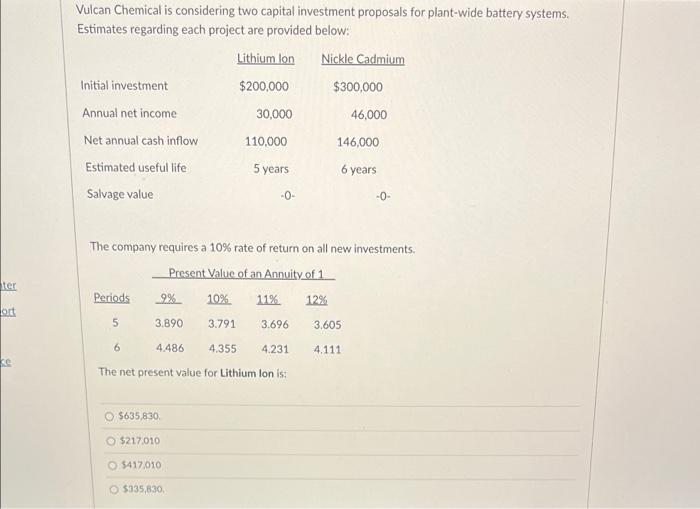 Solved Vulcan Chemical is considering two capital investment | Chegg.com