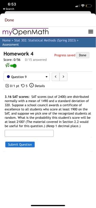 Solved 3.16 SAT scores: SAT scores (out of 2400 ) are | Chegg.com