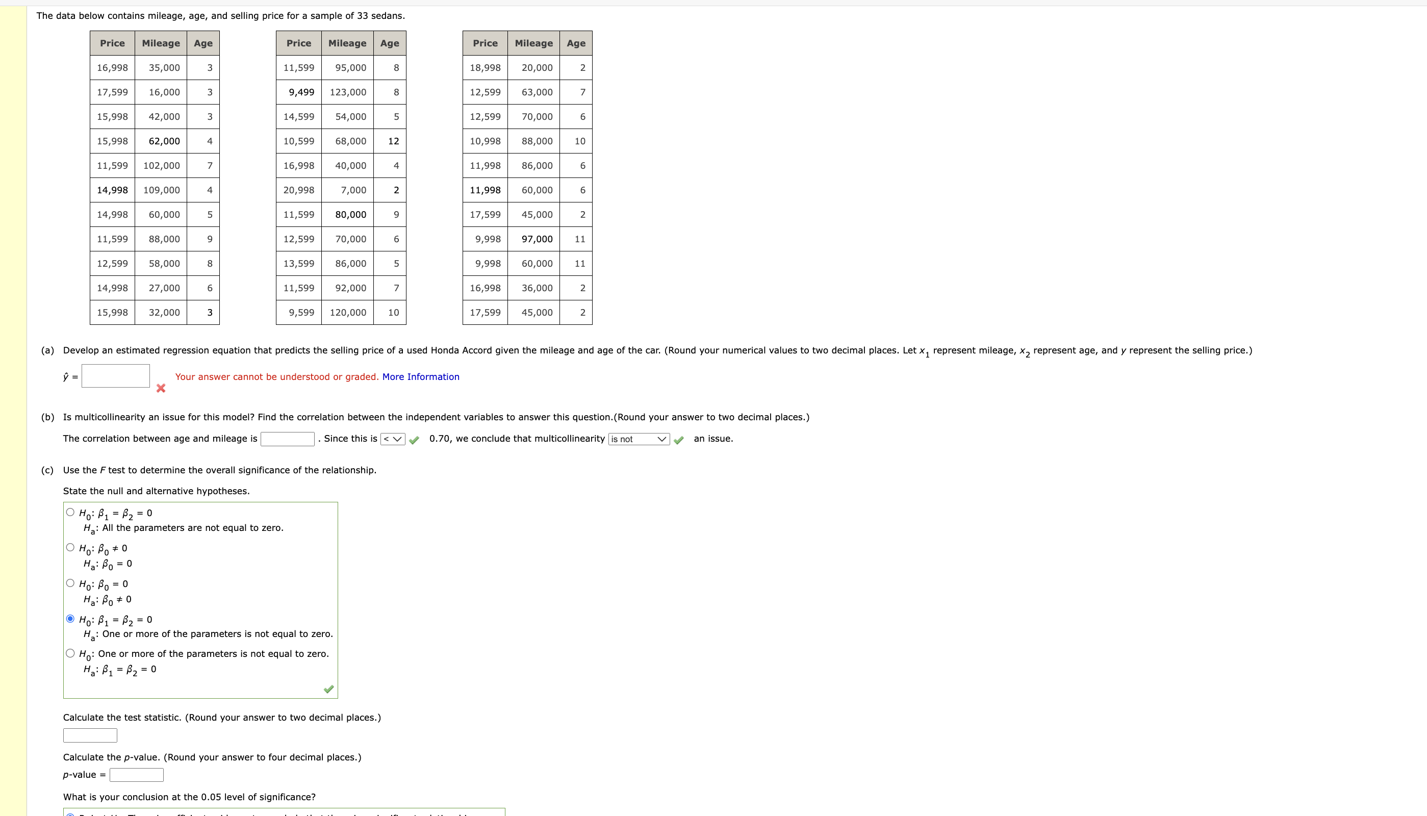 Solved The data below contains mileage, age, and selling | Chegg.com