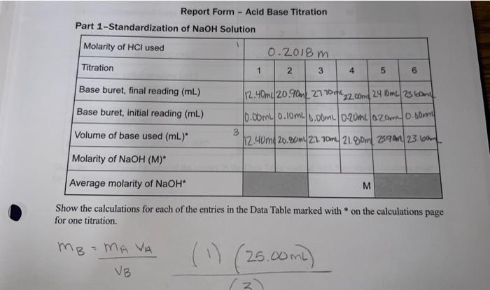 Report Form - Acid Base Titration Part | Chegg.com