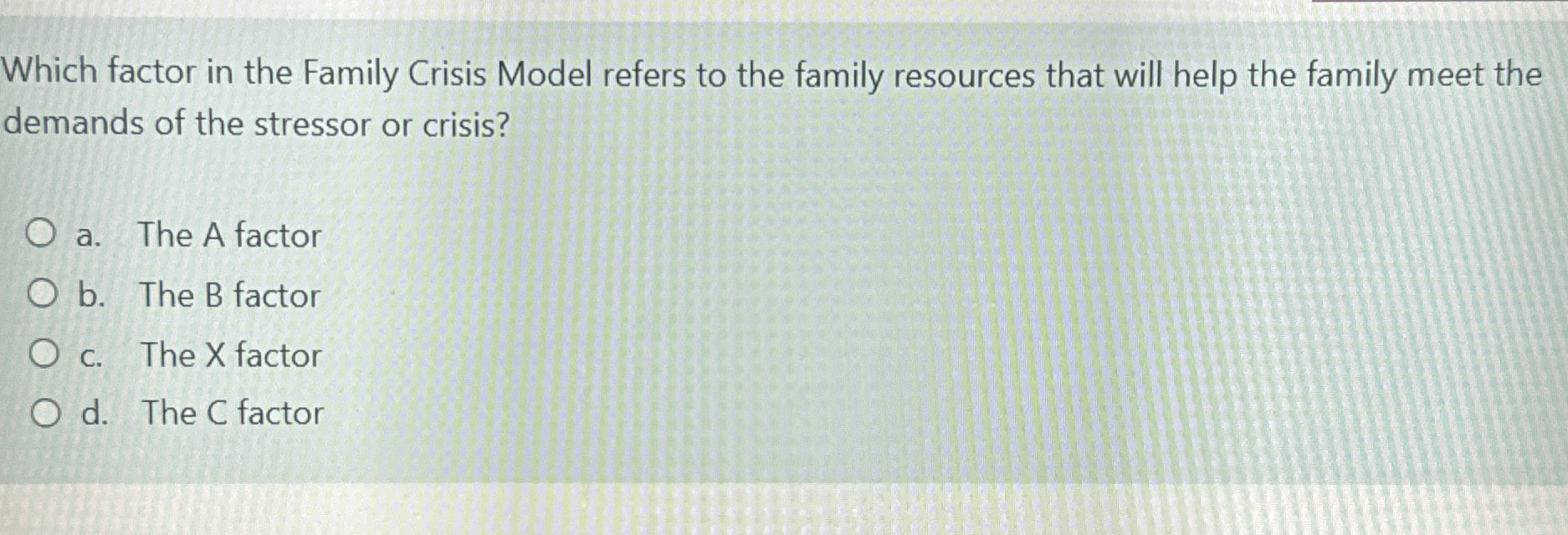 Solved Which factor in the Family Crisis Model refers to the | Chegg.com