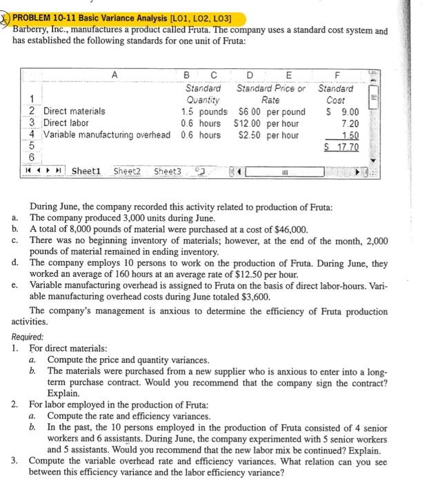 Solved X) PROBLEM 10-11 Basic Variance Analysis [LO1, LO2, | Chegg.com