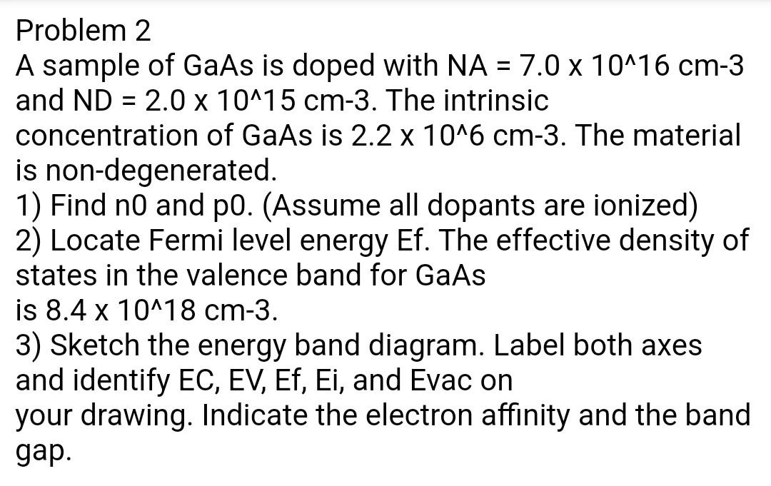 Solved A sample of GaAs is doped with NA =7.0×10∧16 cm−3 and | Chegg.com