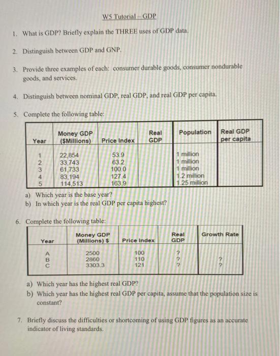 Solved W5 Tutorial-GDP 1. What is GDP? Briefly explain the | Chegg.com