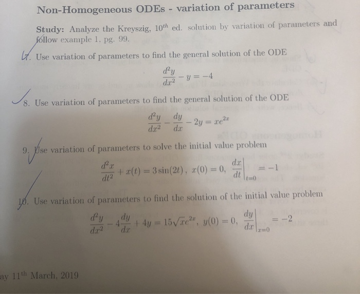 Solved Non-Homogeneous ODEs - variation of parameters Study: | Chegg.com