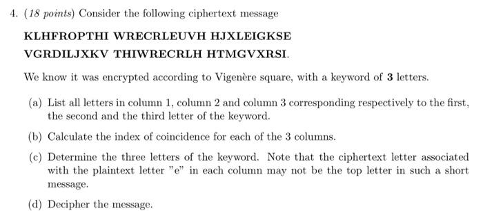 4. (18 points) Consider the following ciphertext | Chegg.com