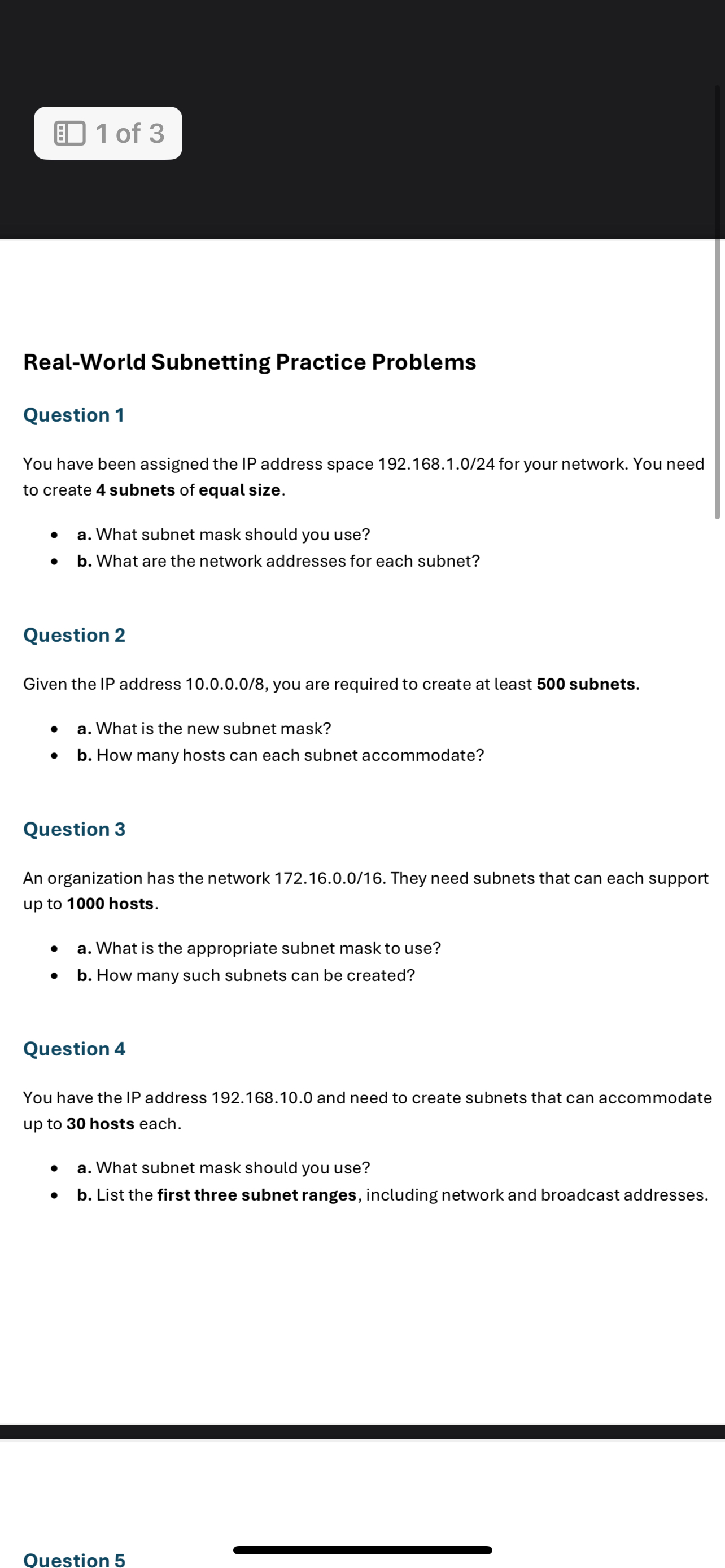 Solved Real World Subnetting Practice Problemsquestion 1you