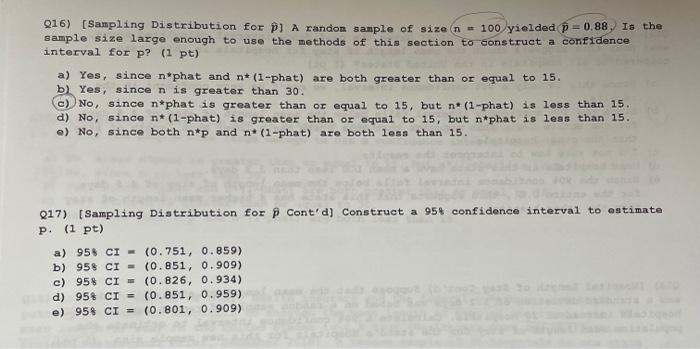 Solved Q16) [Sampling Distribution for p^ ] A randion sample | Chegg.com