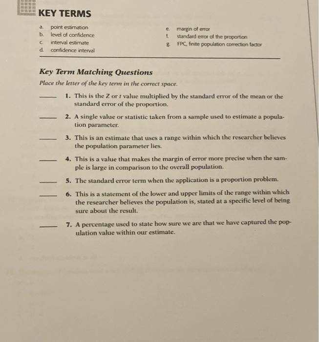 Solved KEY TERMS a. point estimation b. level of confidence | Chegg.com
