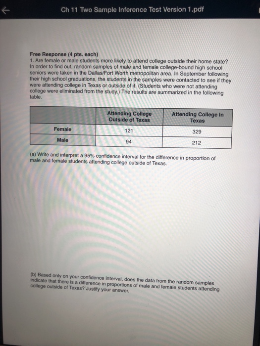Solved Ch 11 Two Sample Inference Test Version 1.pdf Free | Chegg.com