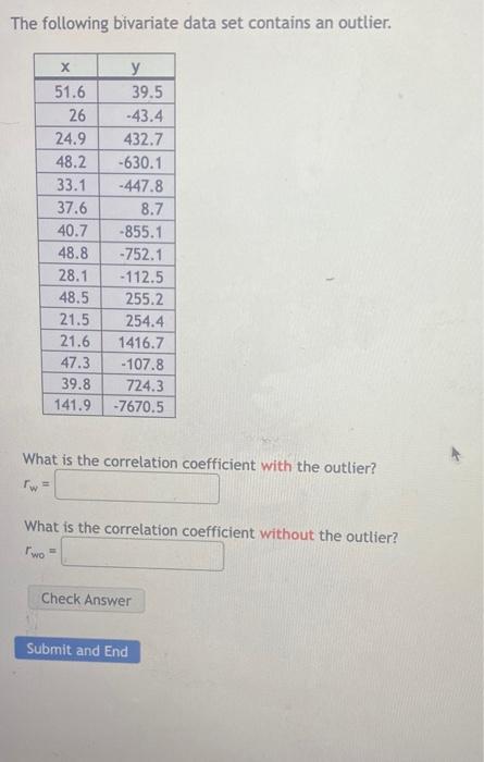 Solved The following bivariate data set contains an outlier. | Chegg.com