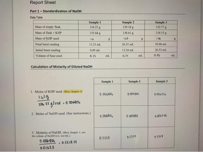 Solved Part 1 - Standardization of NaOH Calculation of | Chegg.com